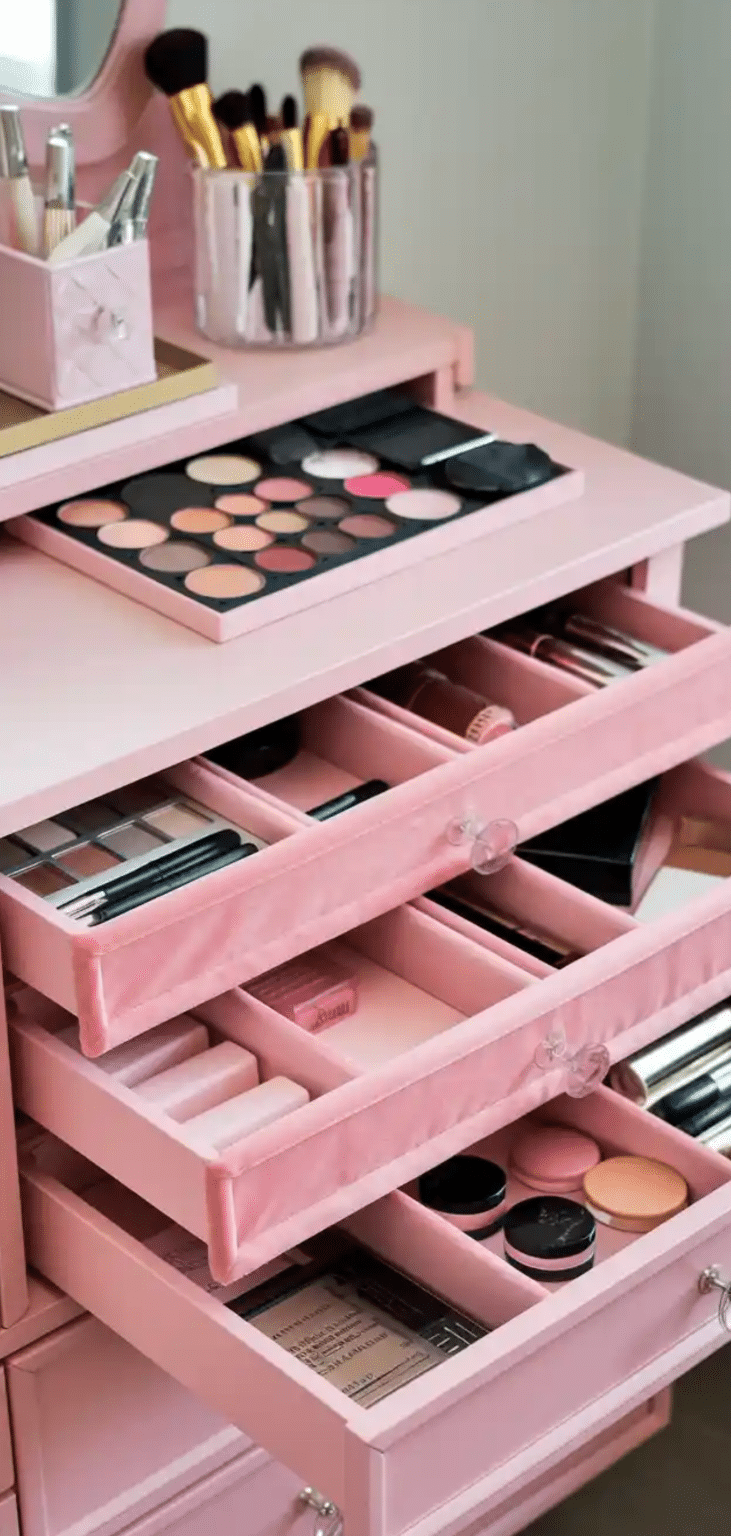 16 Gorgeous Pink Makeup Vanity Organization Ideas - The Mega Mom